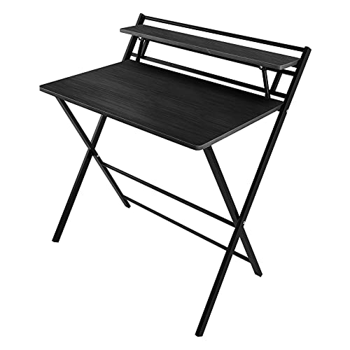 TC-Home Folding Desk- 2 Tiers Computer Table Foldable Black No Assembly Required Computer Desk with Shelf Furniture Workstation Home Office
