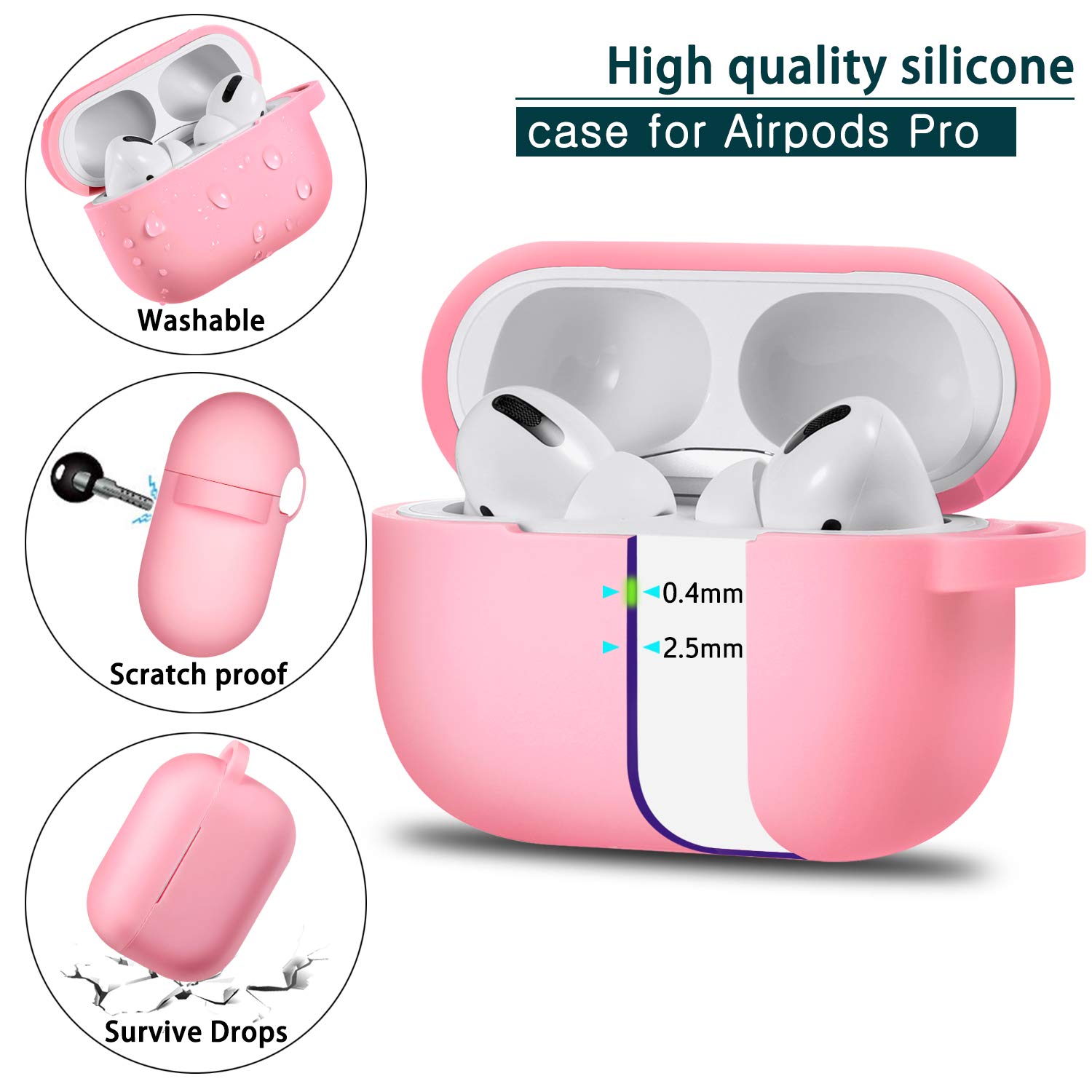 R-fun AirPods Pro Case Cover with Keychain, Full Protective Silicone Skin Accessories for Women Girl with Apple 2019 Latest AirPods Pro Case, Front LED Visible-Pink