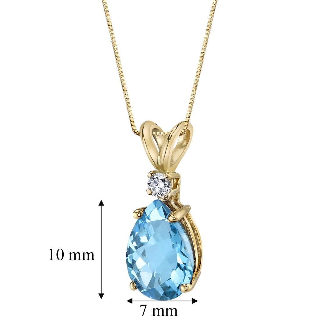 PEORA 14K Yellow Gold Swiss Blue Topaz with Diamond Pendant for Women, Genuine Gemstone Birthstone Elegant Teardrop Solitaire, Pear Shape, 10x7mm, 2.30 Carats total