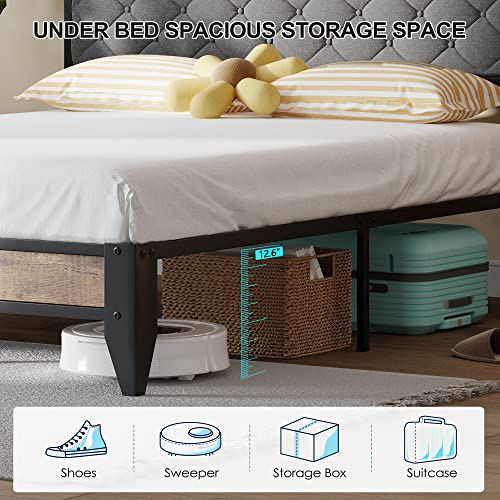 Osfvolr Full Size Bed Frame with Charging Station and LED Light, Platform Bed Frame with 2 Tier Storage Upholstered Linen Headboard, Heavy Duty Metal Structure, 12 inch Under Bed Storage, Noise Free