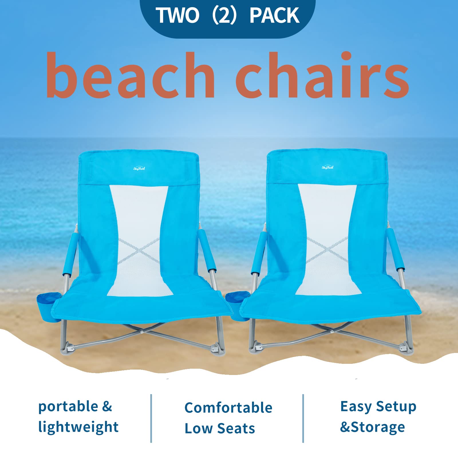 SKYFIELD 2 Pack Low Beach Chairs for Adults Ultralight Folding Chair Heavy Duty Beach Chair with Cupholder and Carry Bag