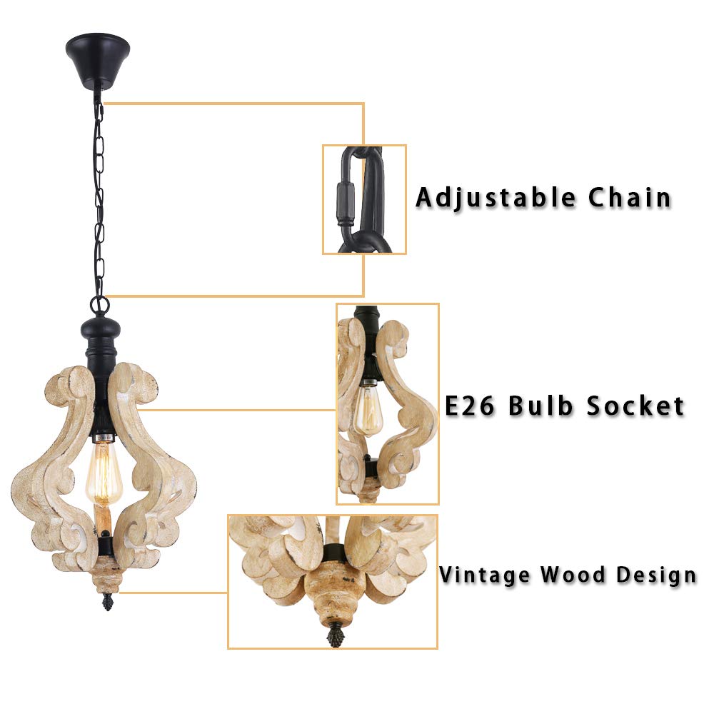 PUUPA Kitchen Light Fixtures,Farmhouse Pendant Light Single Adjustable Rustic Wooden Hanging Island Chandelier