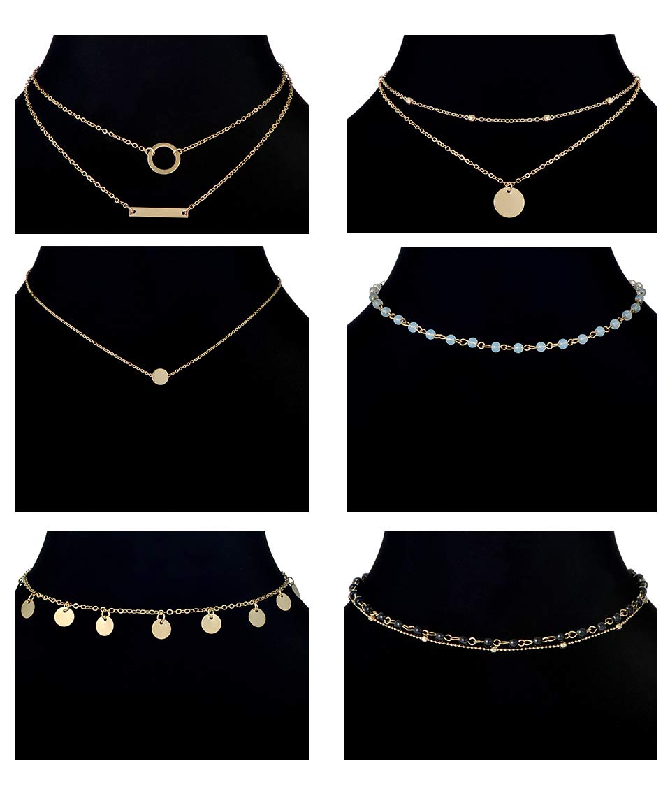 Ofeiyaa 12pcs Chain Gold Bead Necklace Coin Moon Star Pearl Pendant Chain Choker Multilayer Necklace Leather Cord Set for Women Men Gold Adjustable
