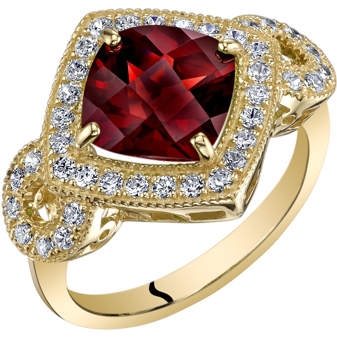 PEORA 14K Yellow Gold Garnet Ring for Women, Genuine Gemstone Birthstone, 2.50 Carats Cushion Cut Size 6