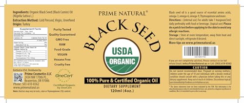 Organic Black Seed Oil 4oz - Cold Pressed Unrefined High Thymoquinone 1.7% USDA Certified - Turkish Origin Potent Nigella Sativa Liquid - Vegan Omega 3 6 9, Antioxidant Immune Boost Joints Skin Hair