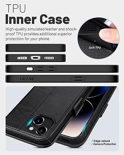OCASE Compatible with iPhone 15 Wallet Case, PU Leather Flip Folio Case with Card Holders RFID Blocking Kickstand [Shockproof TPU Inner Shell] Phone Cover 6.1 Inch 2023, Black