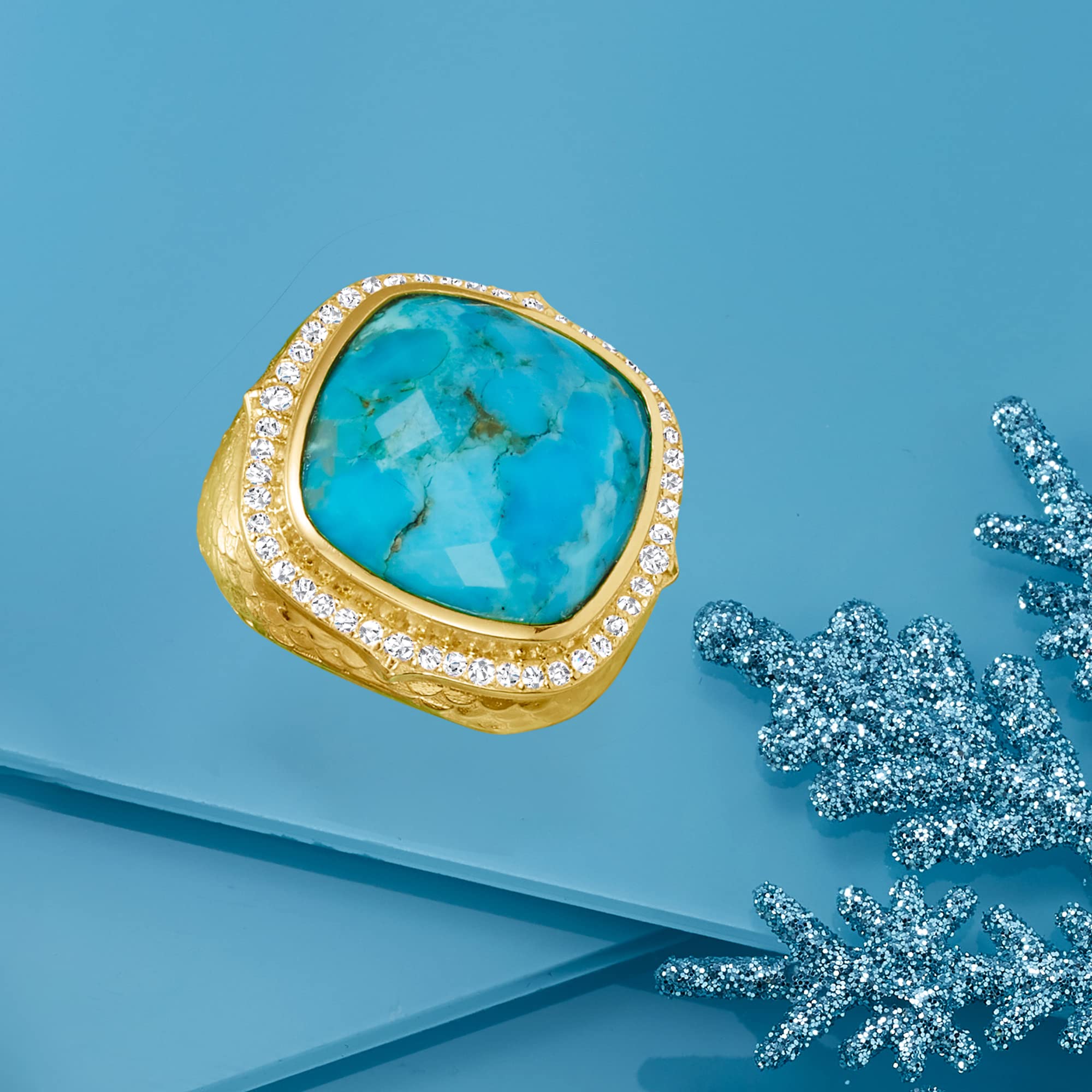 Ross-Simons Turquoise and .70 ct. t.w. White Zircon in 18kt Gold Over Sterling. Size 8