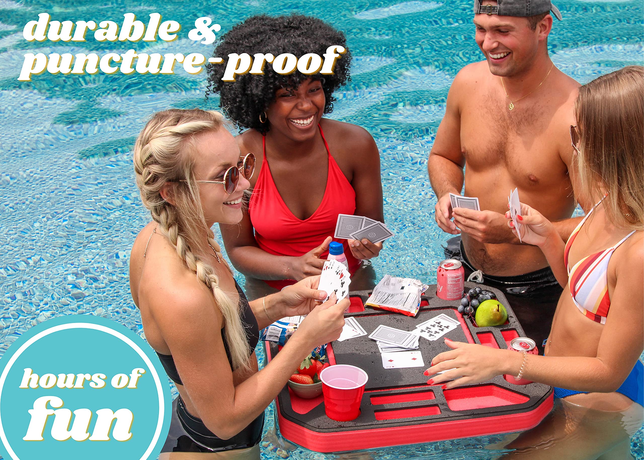 Polar Whale Floating Poker Table Red and Black Game Tray for Pool Beach Party Float Lounge Durable Foam 23 Inch Chip Slots Drink Holders with Waterproof Playing Cards Deck UV Resistant