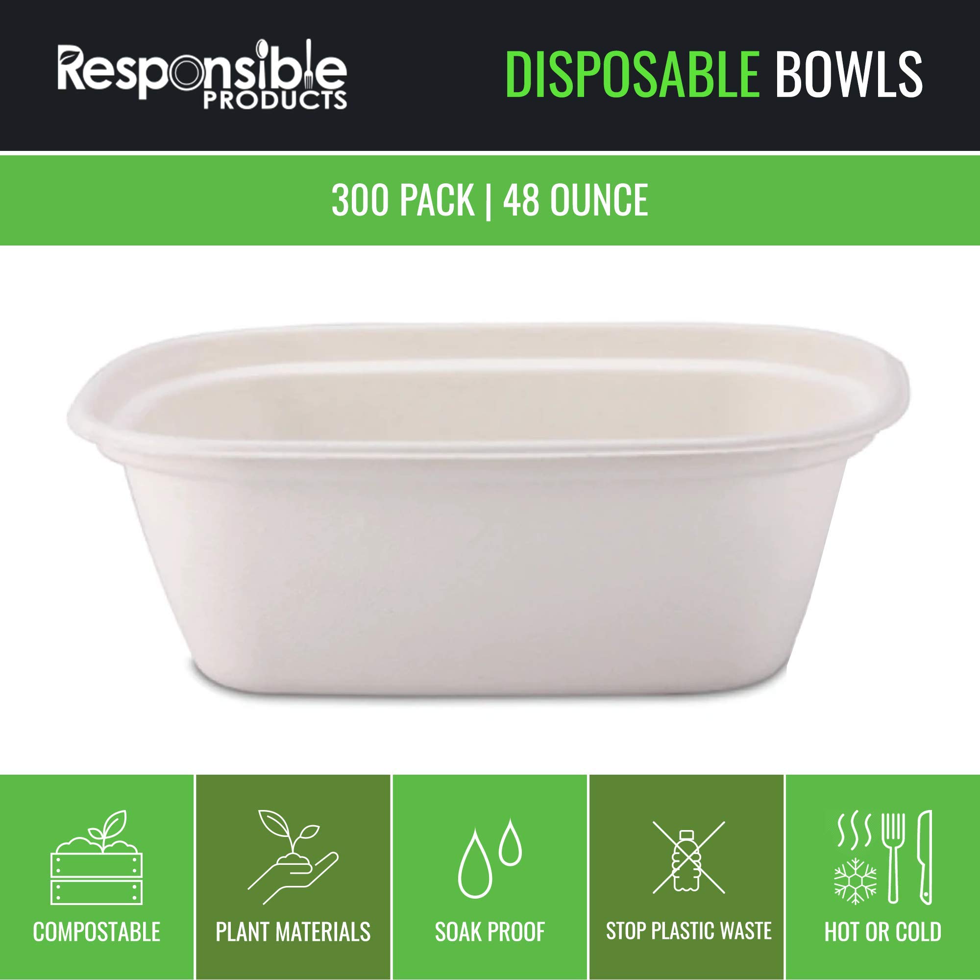 Responsible Products 48 oz Rectangle Bowls, Tree-Less™ Compostable Bowls, Extra Strength Tree-Free, Made from Natural Plant Fiber