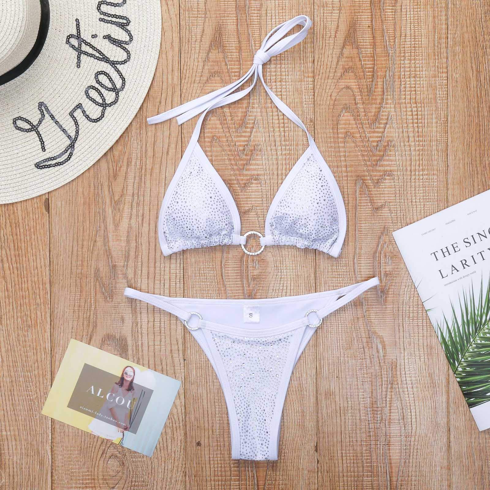 Olaimisord Women's Two Piece Rhinestone Sparkly Swimsuit Halter Swimwear String Triangle Bikini Sets White S