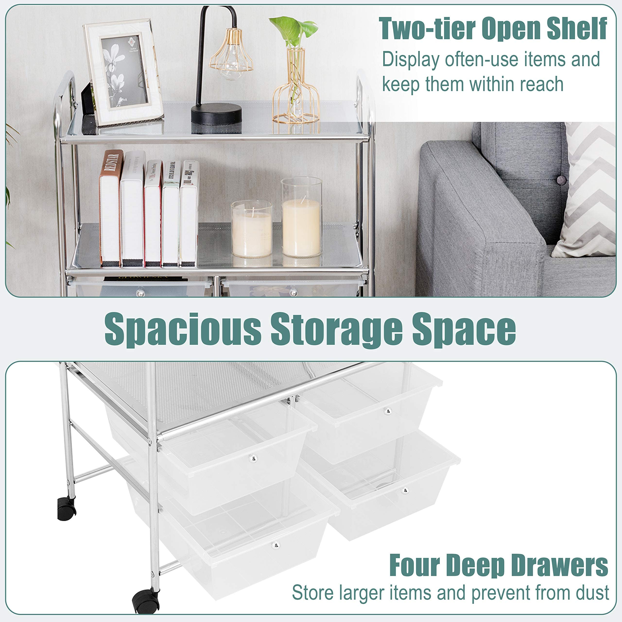 RELAX4LIFE Storage Cart W/Four Drawers, Wheels and Two Shelves, Stable Steel Frame Craft Cart for Office,Home, Make Up Storage and Files Arrangement Storage Cart Organizer (Clear)