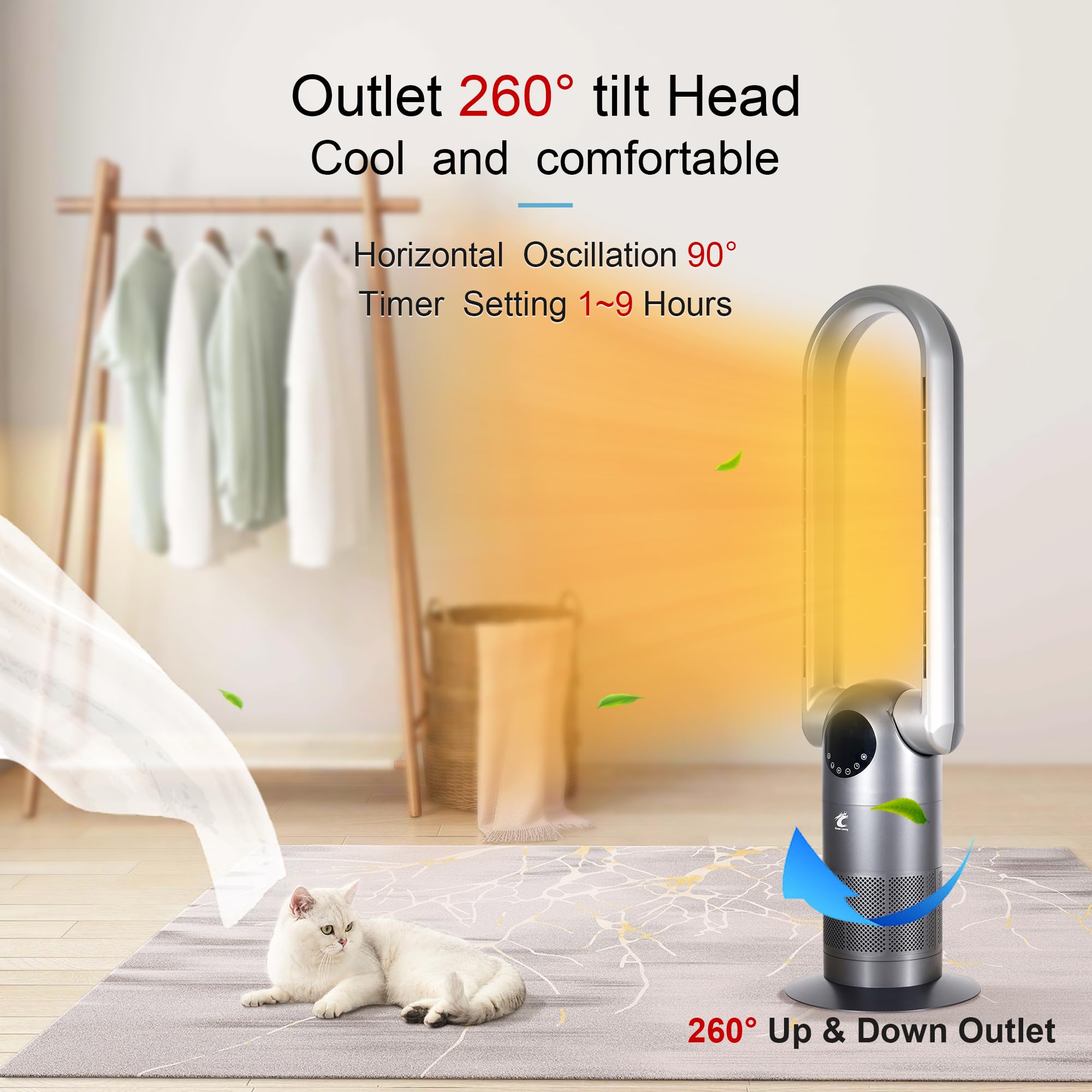 Ocean Loong 1500W Space Heater & 38.6” Bladeless Tower Fan for Home Bedroom, Eco Electric Heater with Adjustable Thermostat, Tip-Over Switch, Remote, Timer, Oscillating Floor Fan, AC68, (Grey)