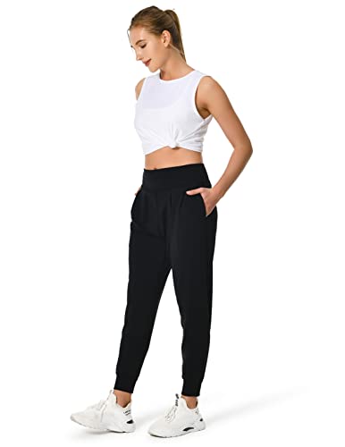 YUNOGA Women's Joggers Pants High Waisted Athletic Pants Lightweight Running Tapered Pants with Side Pockets (M, Black)