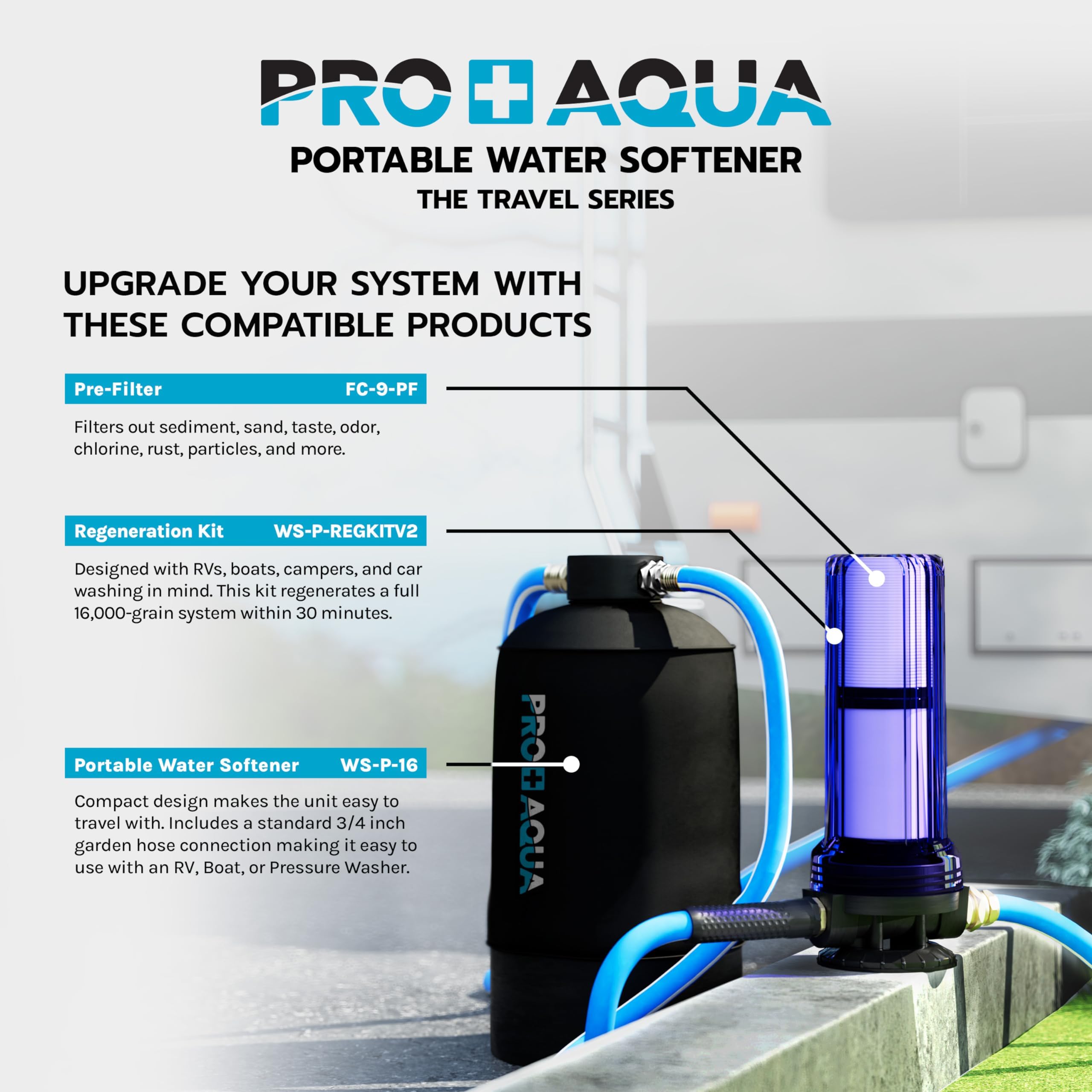 PRO+AQUA 16,000 Grain Portable Water Softener for RV, Trailers, Boats, Mobile Car Wash, Pressure Wash β Protects Water Systems from Hard Water Damage and Corrosion, with Pre-Filled High-Capacity Resin