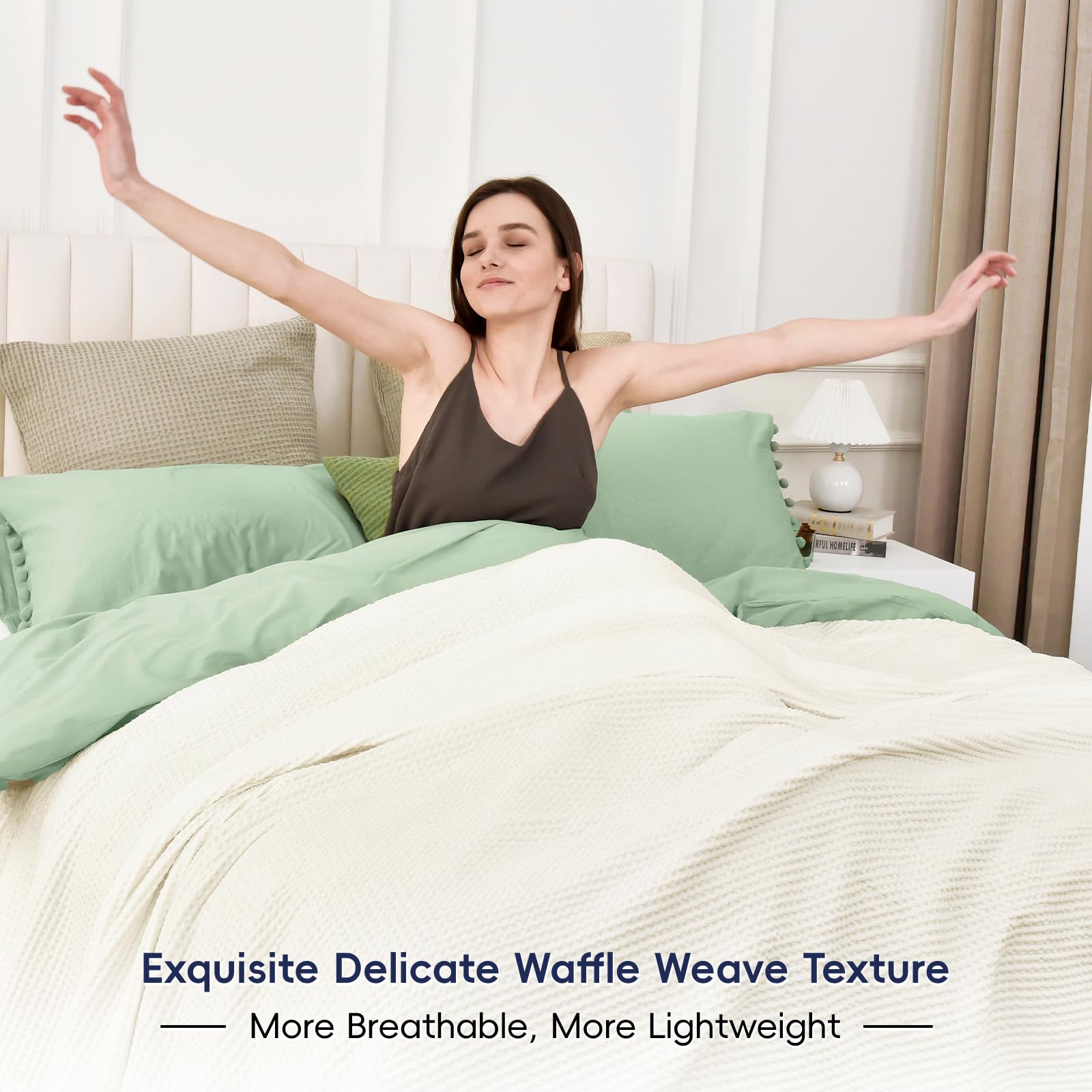 PHF 100% Cotton Waffle Weave Blanket King Size 104" x 90"-Lightweight Washed Soft Breathable Blanket Perfect for Summer -Great Blanket Layer for Couch Bed Sofa-Elegant Home Decoration - Cream