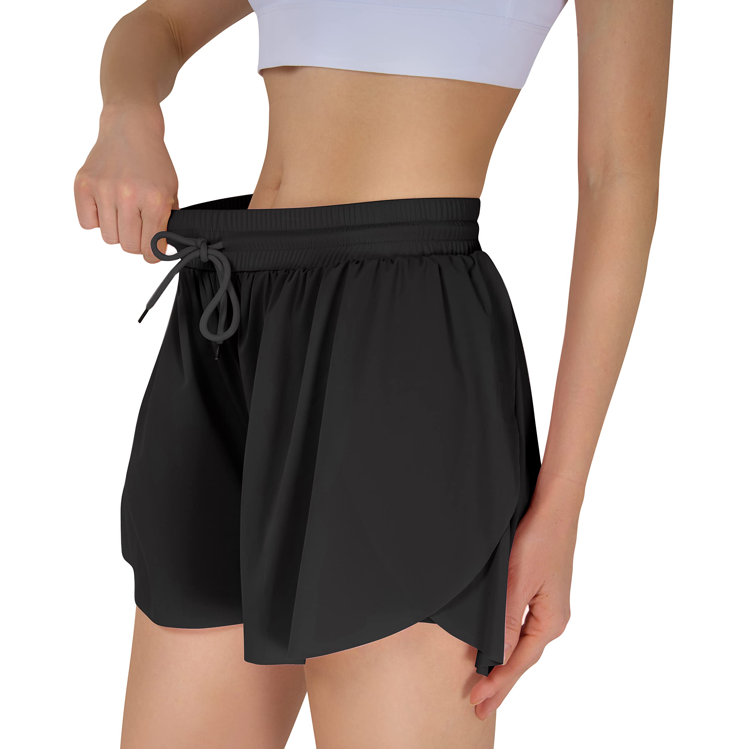 TELINVEY Womens Workout Shorts 2-in-1 Running Shorts Quick-Dry Flowy Athletic Shorts for Women Black L