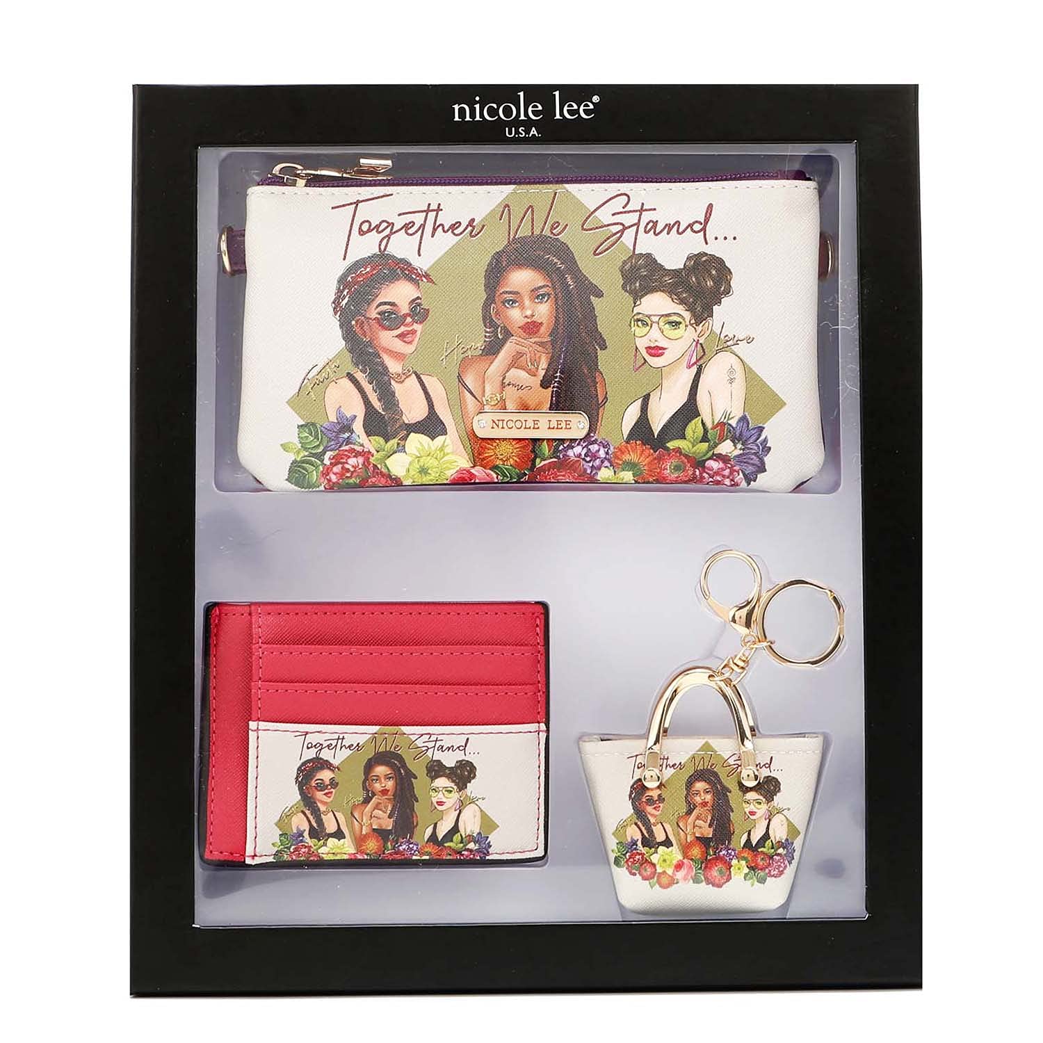 Nicole Lee 3 Pcs Fashion Accessories Gift Set, Vegan Leather (Wallet Pouch, Keychain, Small Card Case) (Together We Stand)