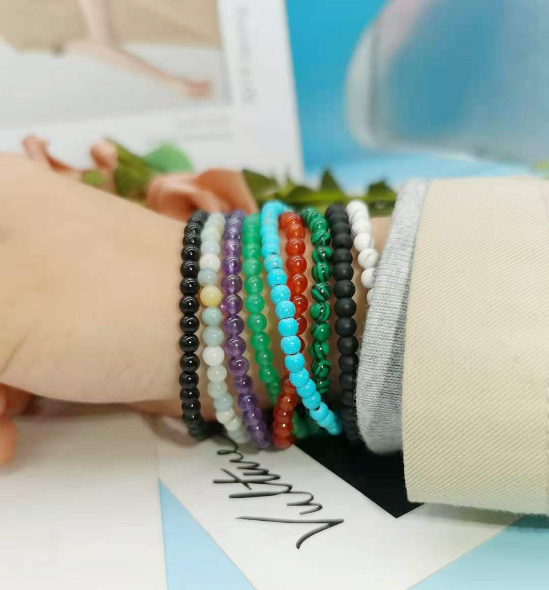 WAINIS 10 Pcs 4MM Mini Semi Precious Gemstone Energy Bracelets for Women Tiny Bracelet Stone Statement Bracelet Charm Beaded Couples Bracelets
