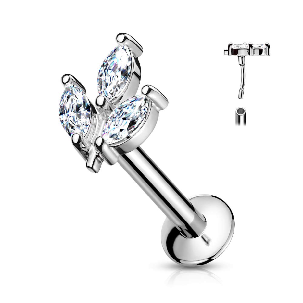 Pierced Owl 16GA Triple Crystal Marquise Stainless Steel Threadless Push In Flat Back Labret Monroe Lip Stud (Silver Tone - 6mm (1/4"))
