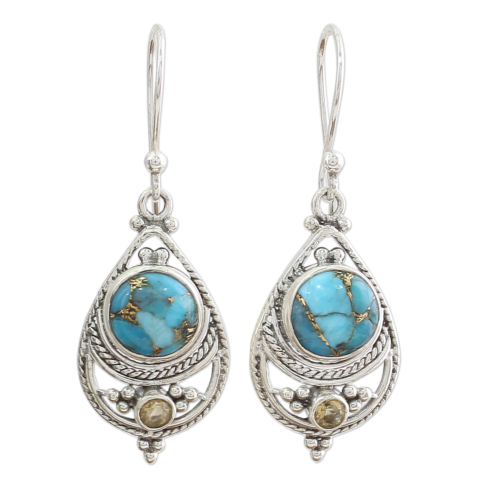 NOVICA Artisan Handmade Citrine Dangle Earrings Composite Turquoise from India [6.75 in min L x 8 in max L 1 mm W Pendant(s) 0.4 in L x 0.8 in W x 0 in D] ' Azure Heaven'