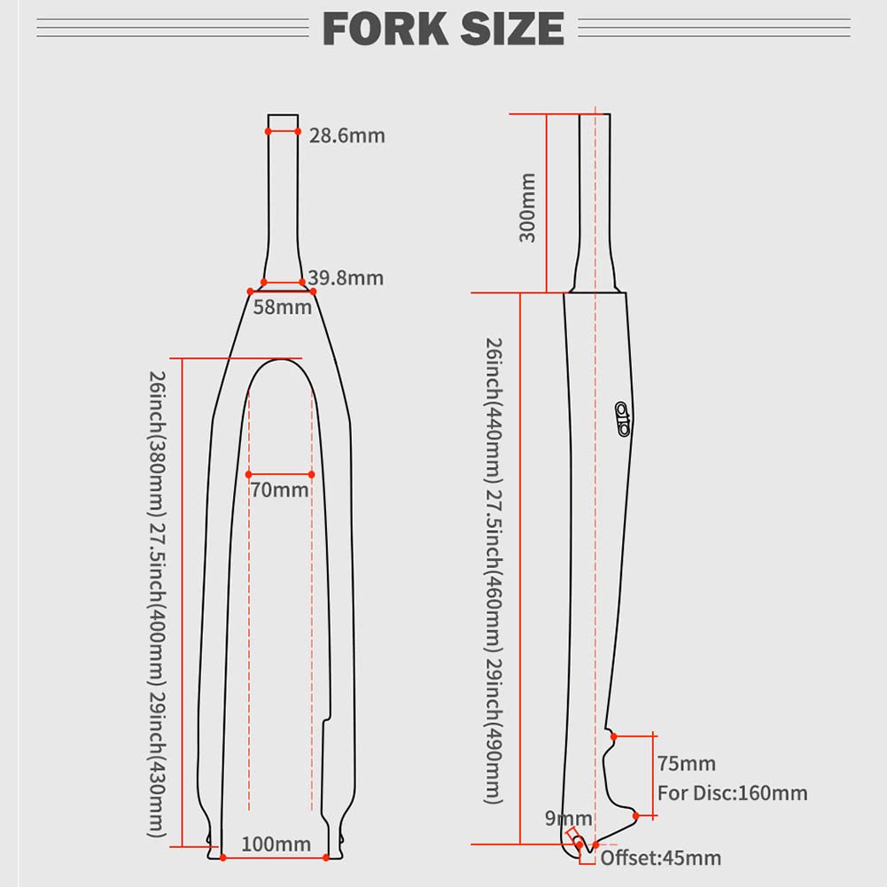 TOSEEK Mountain Bicycle Carbon Fiber Front Fork for 26/27.5/29" Wheel MTB Fork 160mm Disc Brake Rigid Tapered Tube Bike Fork