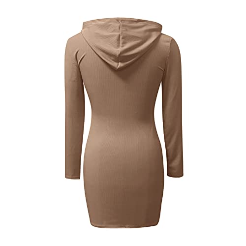 Slim Knitted Hoodie Dress for Women Drawstring Solid Color Long Sleeve Casual Ribbed Mini Dress Brown
