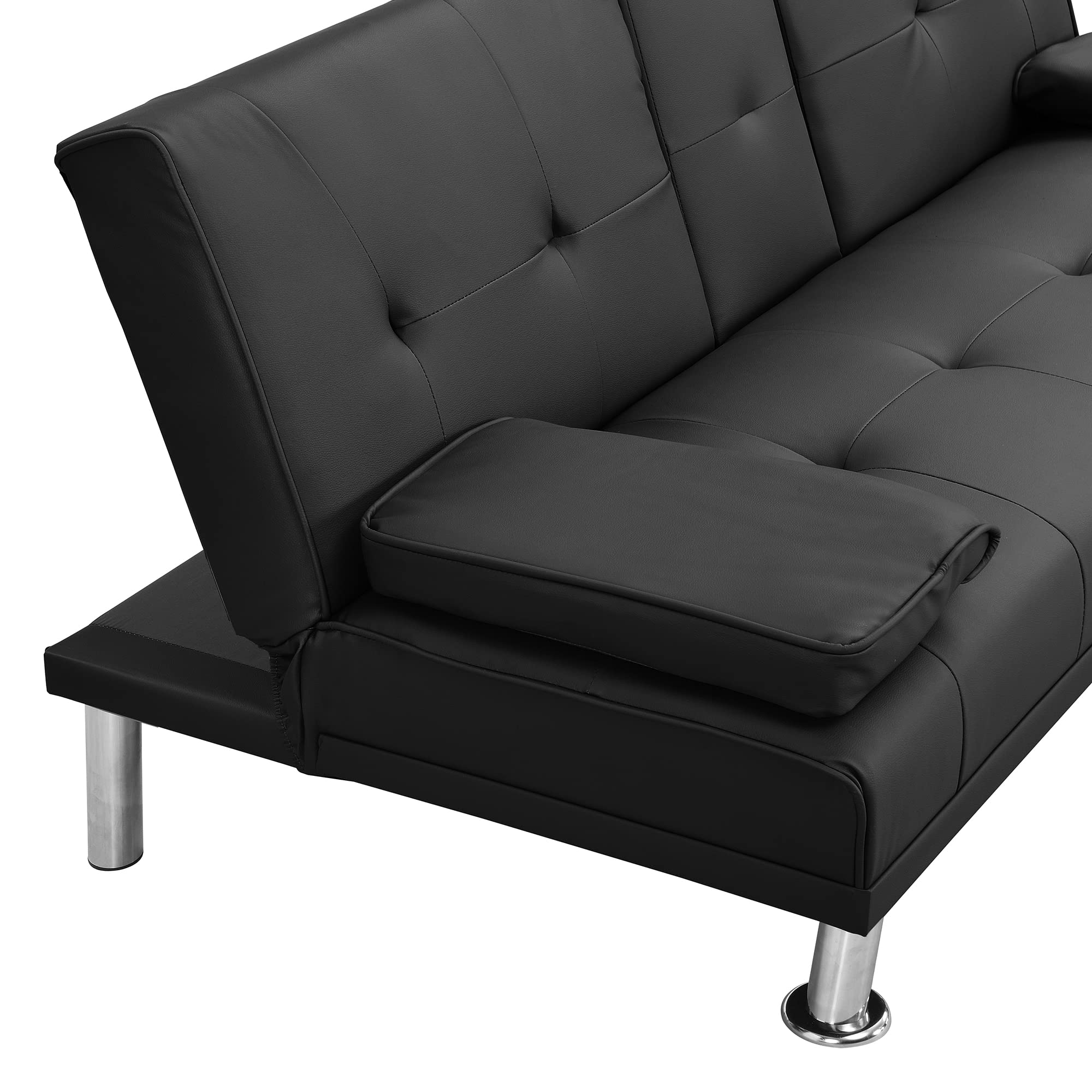 PU Leather Futon Sofa Bed Convertible Upholstered Modern Sofa Sleeper Couch with Detachable Armrests 2 Cup Holders Stainless Steel Legs Black, Suitable for Compact Living Spaces, Apartments