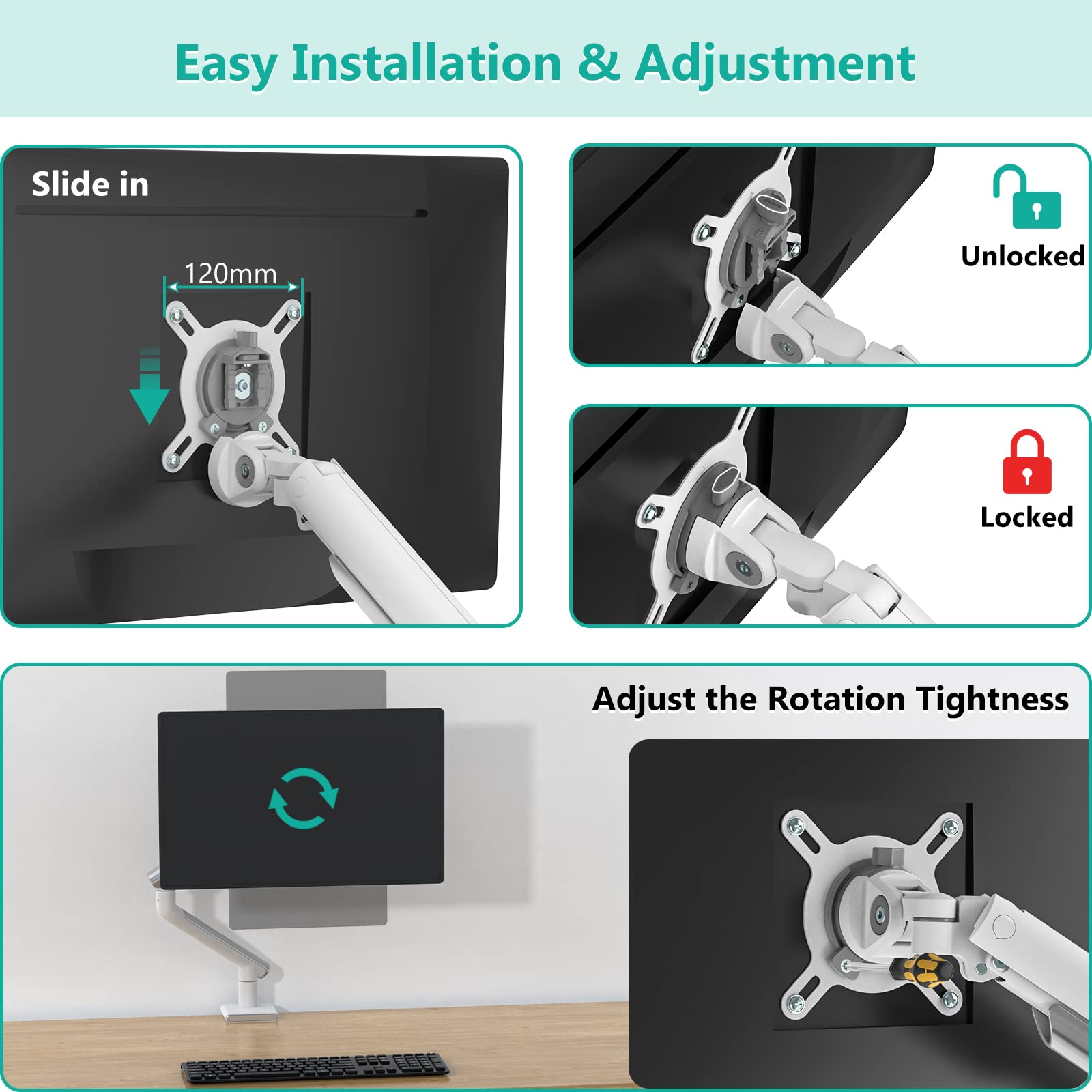 WALI Single White Monitor Mount Arm Stand, Fully Adjustable, Mechanical Spring Tension Indicator, Bracket with Clamp, Display Up to 32 inch, 22lbs Weight Capacity (MATI001-W), White