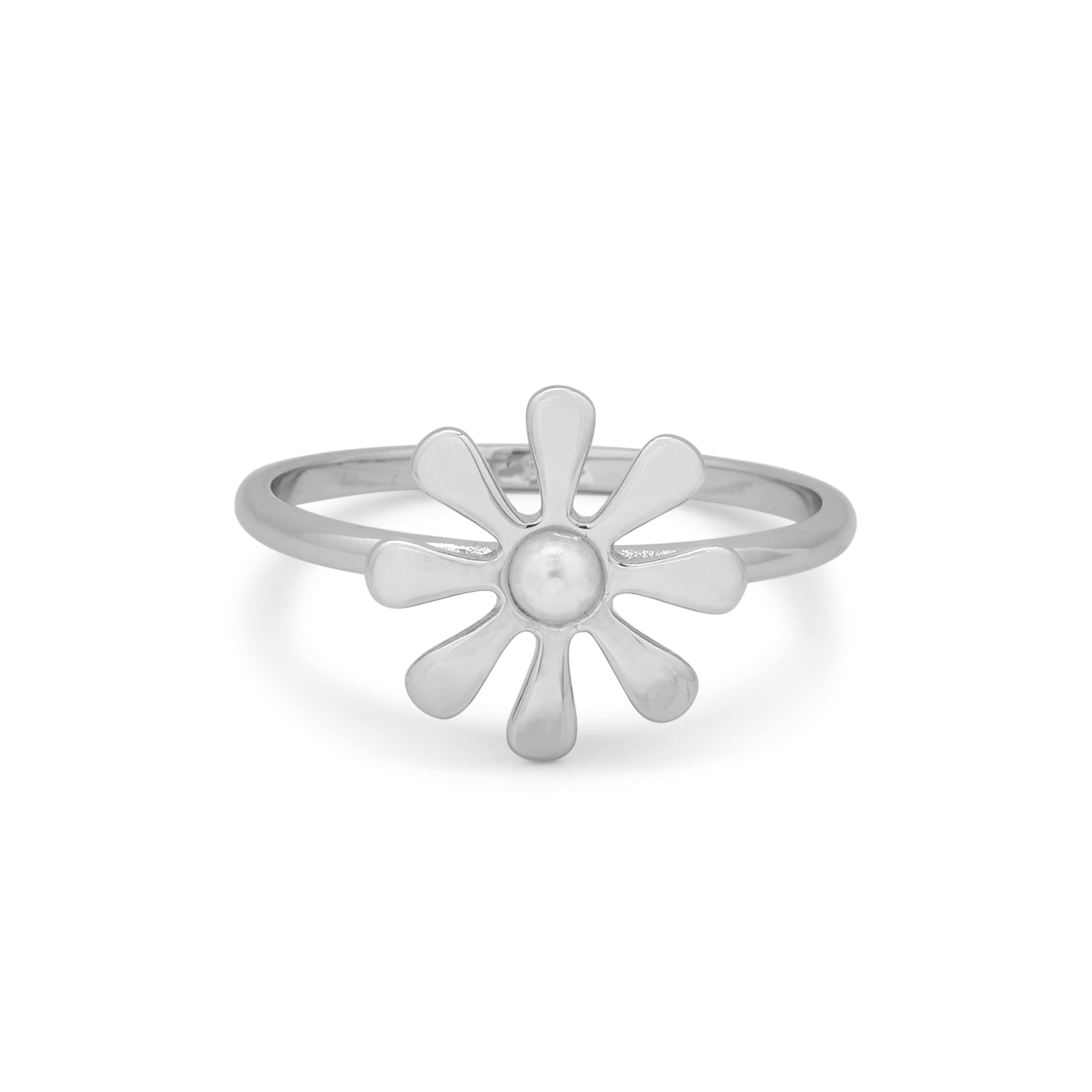 Pura Vida Silver Plated Flower Power Ring w/Plastic Pearl - Brass Base, Stackable Band - Size 8