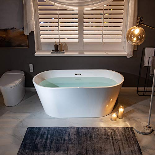 WOODBRIDGE 59" Acrylic Freestanding Bathtub Contemporary Soaking White Tub with Matte Black Overflow and Drain,B0014-MB-Drain &O