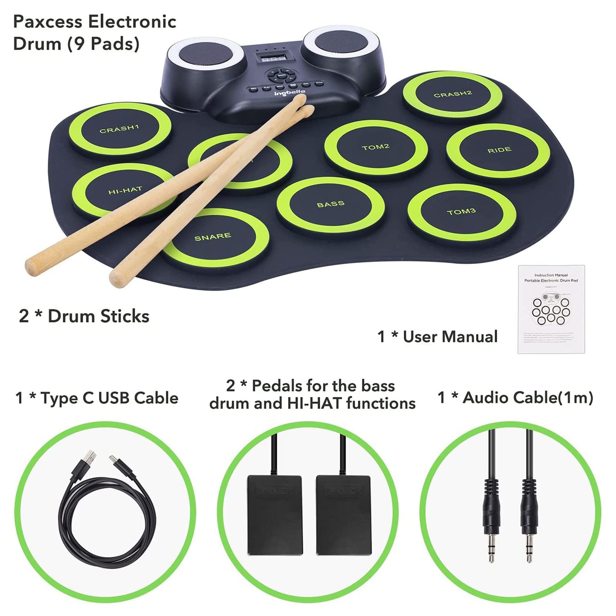 Paxcess Electric Drum Set, 7 Drum Practice Drum Pad With Headphone, Built-in two Speaker, Drum Sticks, Drum Pedals,10 Hours Playtime, Great Holiday Xmas Birthday Gift for Kids(Headphone)
