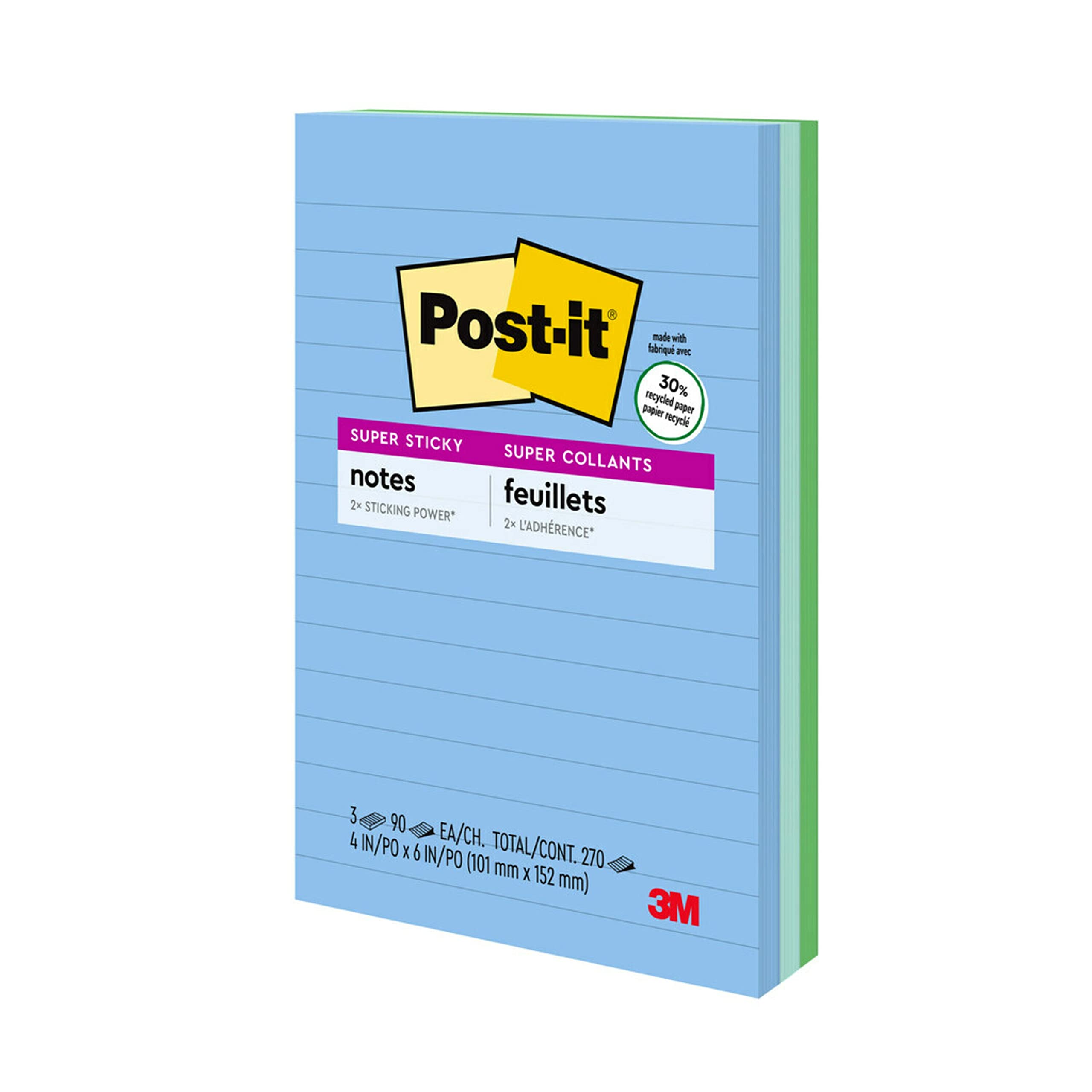 Post-it Super Sticky Recycled Notes, 4x6 in, 3 Pads, 2x the Sticking Power, Poptimistic, Bright Colors, 30% Recycled Paper (660-3SST)