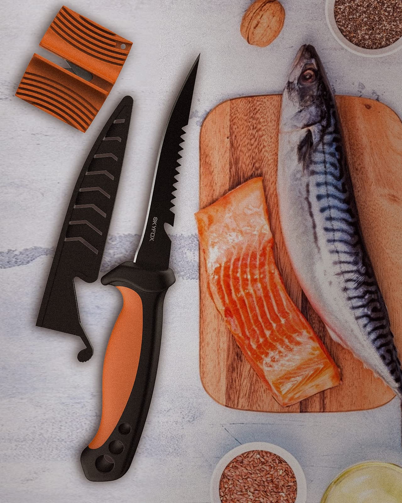 SKYFOX Fishing Fillet Knife and Bait Knives 2 Pack, 5" Razor Sharp German Stainless Steel utility knife w/Non-Slip Handles Sharpener for Cutting Fish, Meet, Outdoors, Kitchen, Camping, Hunting