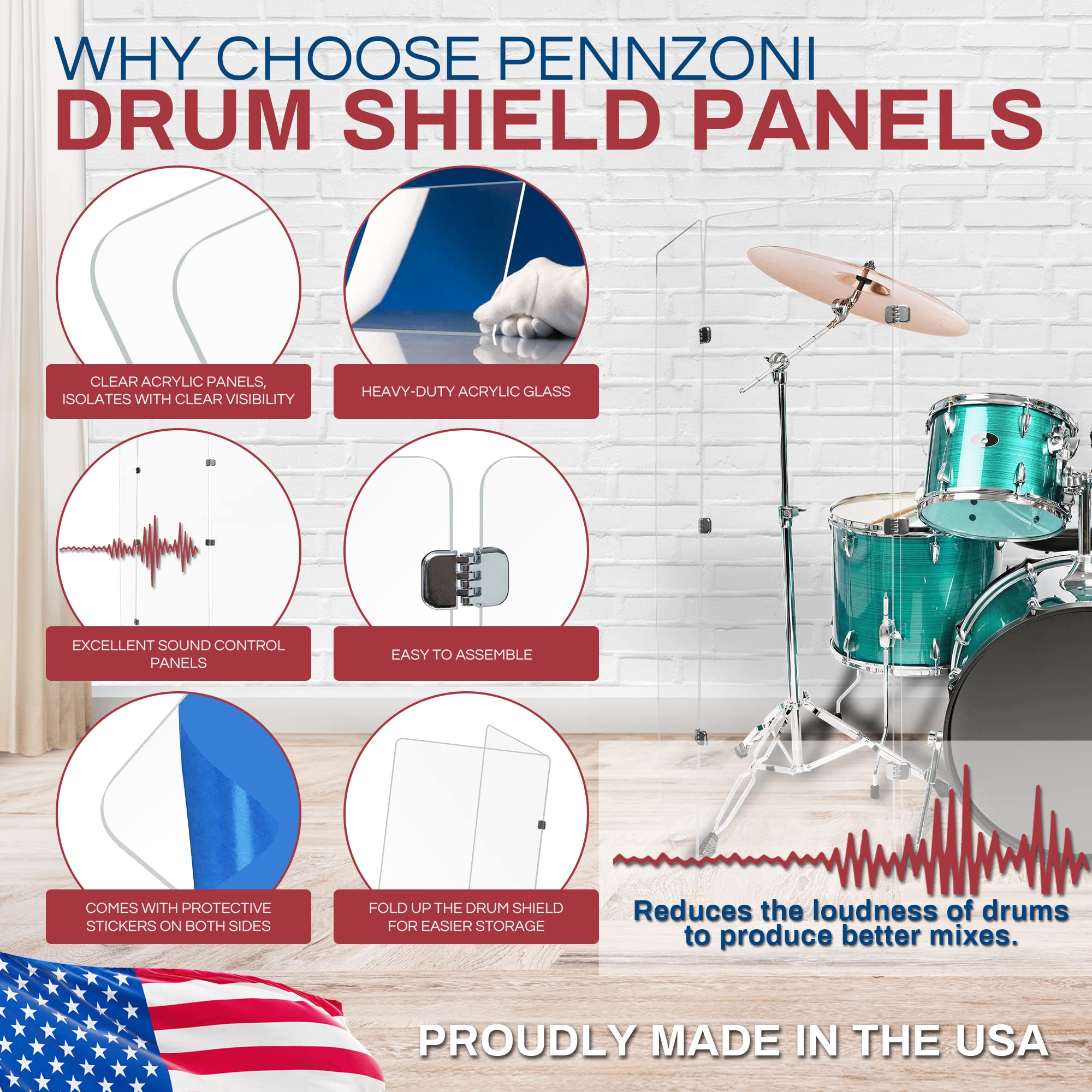 PENNZONI Drum Shield 6ft w/Chrome Hinges, Comes w/ 5 Drum Panels, & Chrome Hinges, Premium Clear Acrylic Panels, Drum Screen