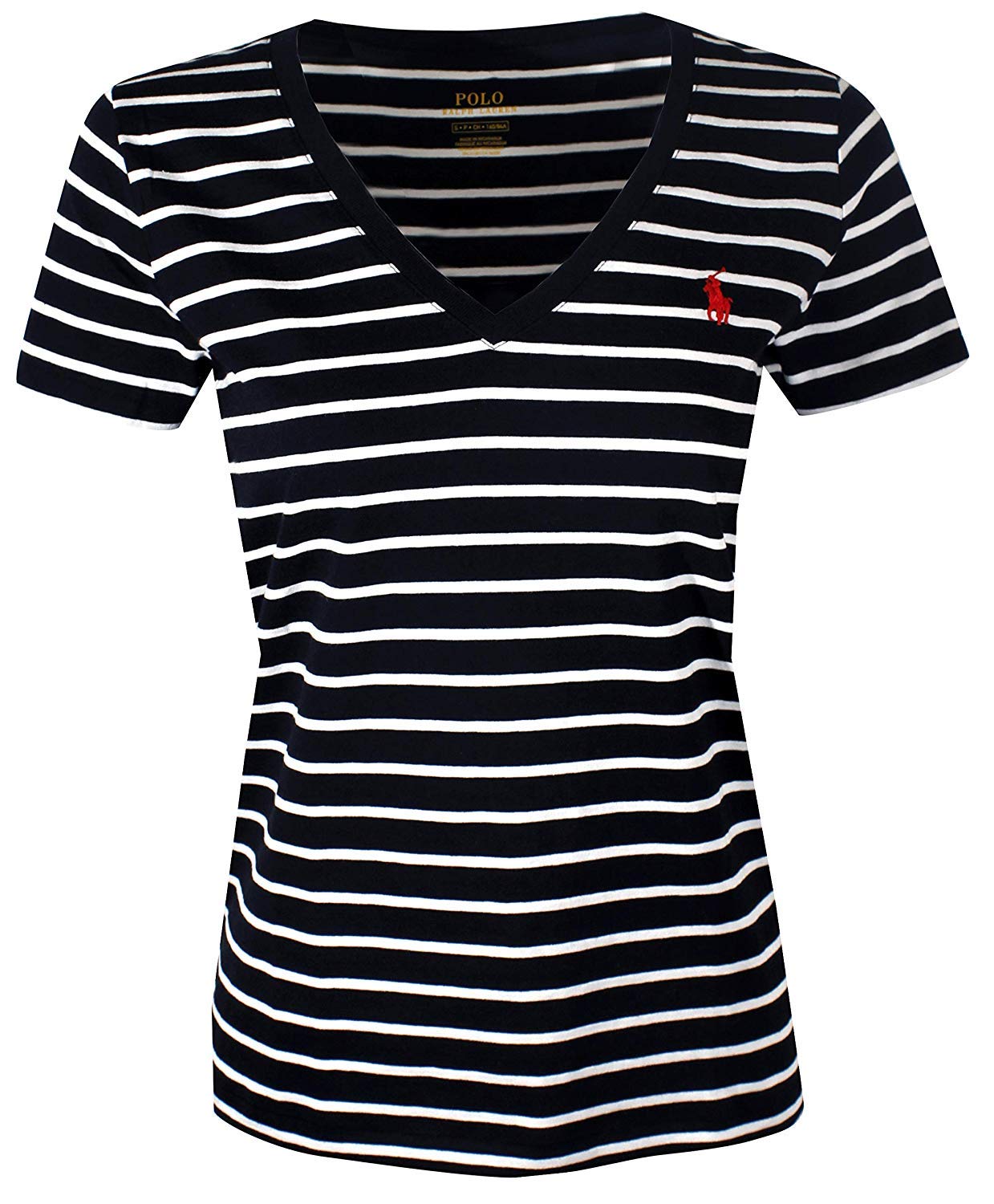 Polo Ralph Lauren Womens Pony Logo V-Neck T-Shirt (X-Large, Black/White (Red Pony))