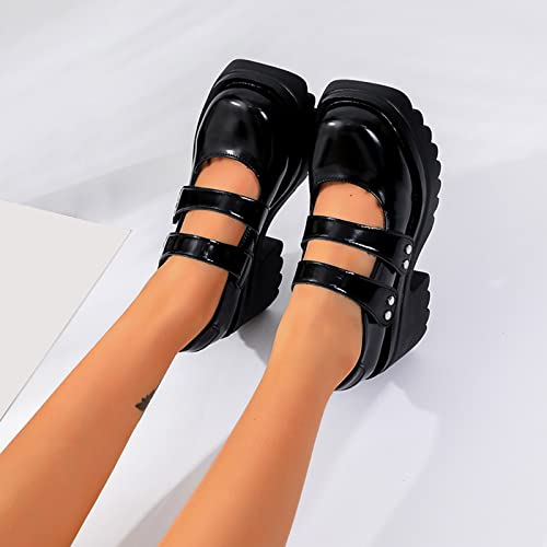 YUNWI Ladies Fashion Solid Color Leather Retro Low Top Square Toe Thick High Heel Shoes Size 11 Wedges for Women