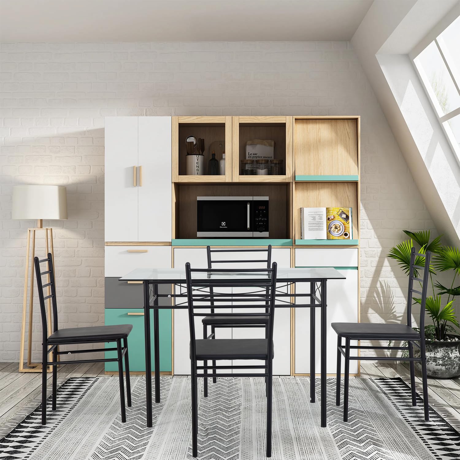 PayLessHere Dining Room Set 5-Piece Classic Dining Table Set for 4, Glass Top Table and 4 Rectangular Modern Chairs with Metal Legs for Dining Room and Kitchen
