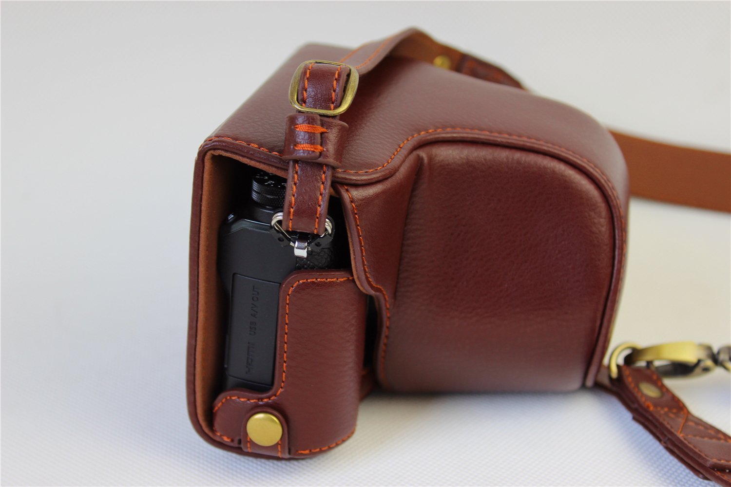 Olympus Pen-F Case, BolinUS Handmade Genuine Real Leather Fullbody Camera Case Bag Cover for Olympus Pen-F Bottom Opening Version with Neck Strap - Brown