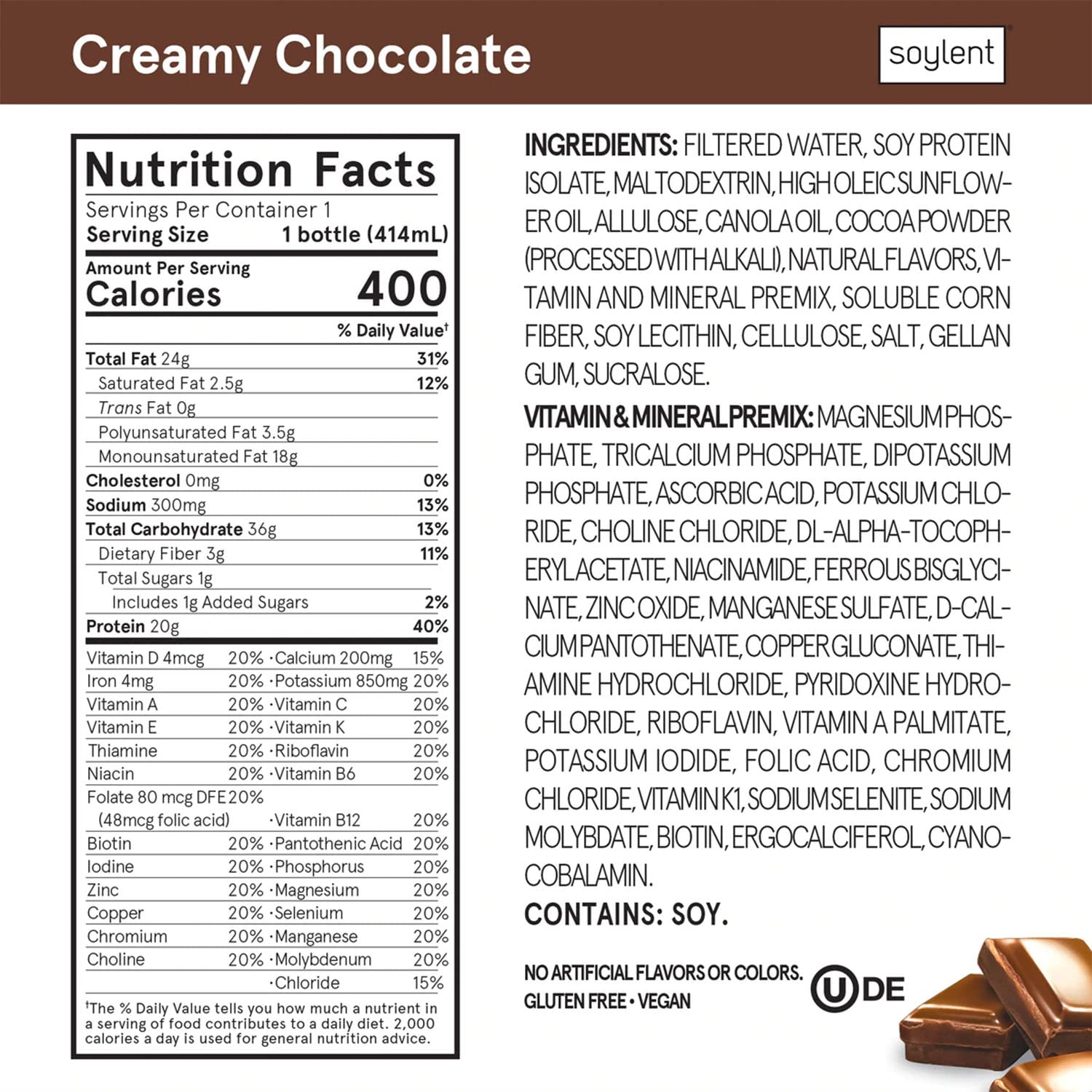 Soylent Creamy Chocolate Meal Replacement Shake, Ready-to-Drink Plant Based Protein Drink, Contains 20g Complete Vegan Protein and 1g Sugar, 14oz, 12 Pack