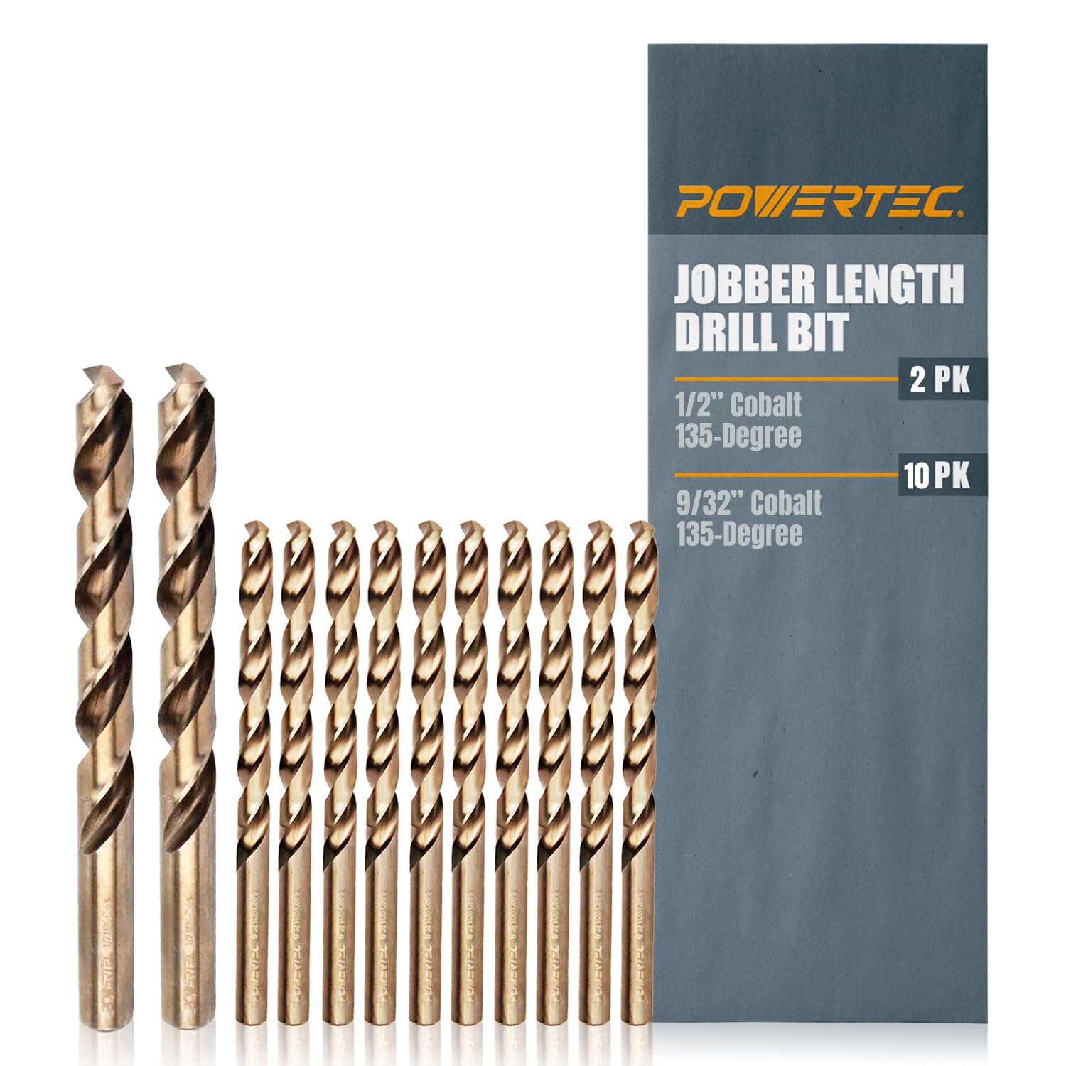 POWERTEC 5/32 Inch Cobalt Drill Bits, 10 PK M35 HSS Cobalt Jobber Length Twist Drill Bits w/ 135° Tip, Drill Bits for Drilling Wood, Metal, Stainless Steel, Nickel Alloy, Cast Iron & Plastic (QDB2016)