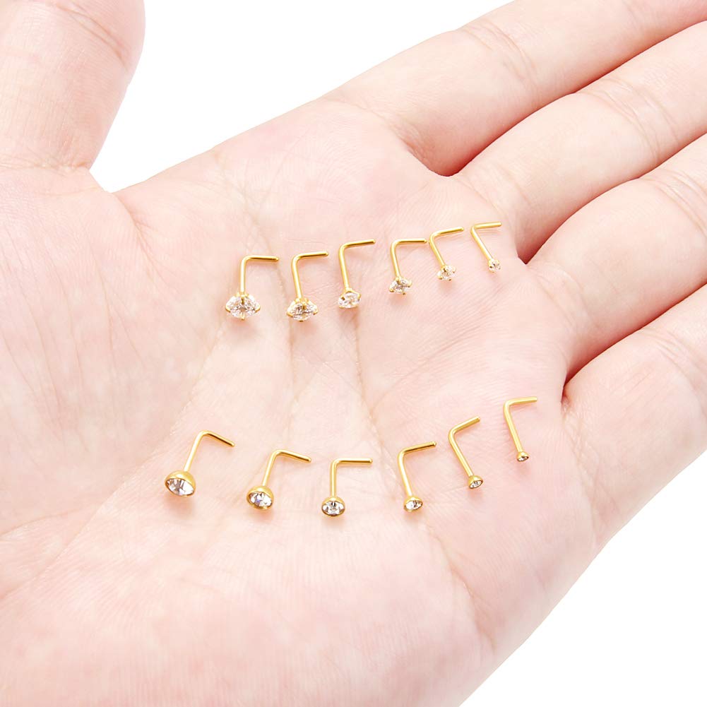 Ruifan 12PCS 20G 316L Surgical Steel 1.5mm 2mm 2.5mm 3mm 3.5mm 4mm Clear Round Diamond Cubic Zirconia Crystal Nose L Shaped Studs Rings Piercing Jewelry - Gold