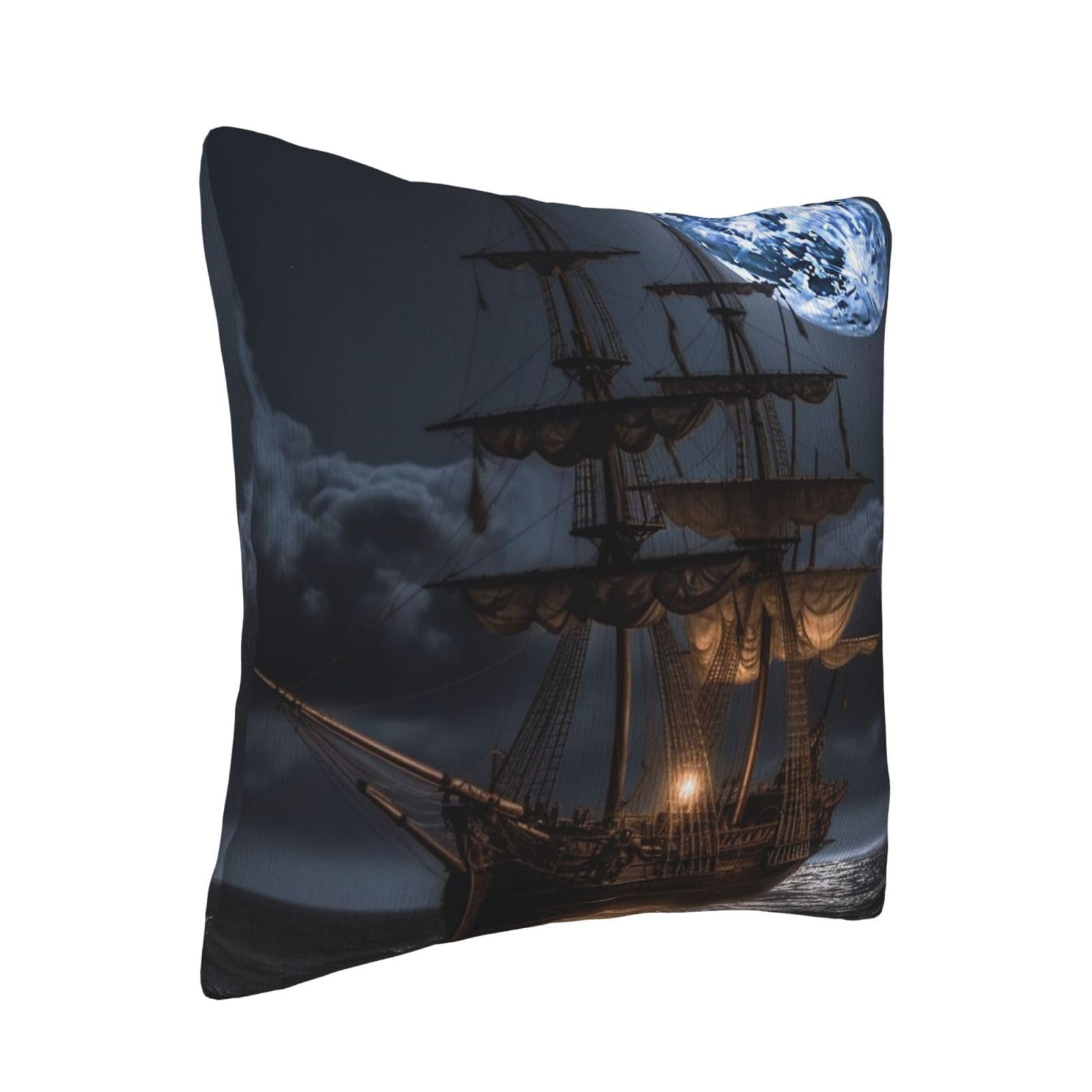 Pirate Sailboat Full Moon Print Throw Pillow Cover Corduroy Soft Pillowcase with Hidden Zipper Decorative Cushion Covers for Sofa Living Room Home Decors 16"X16"