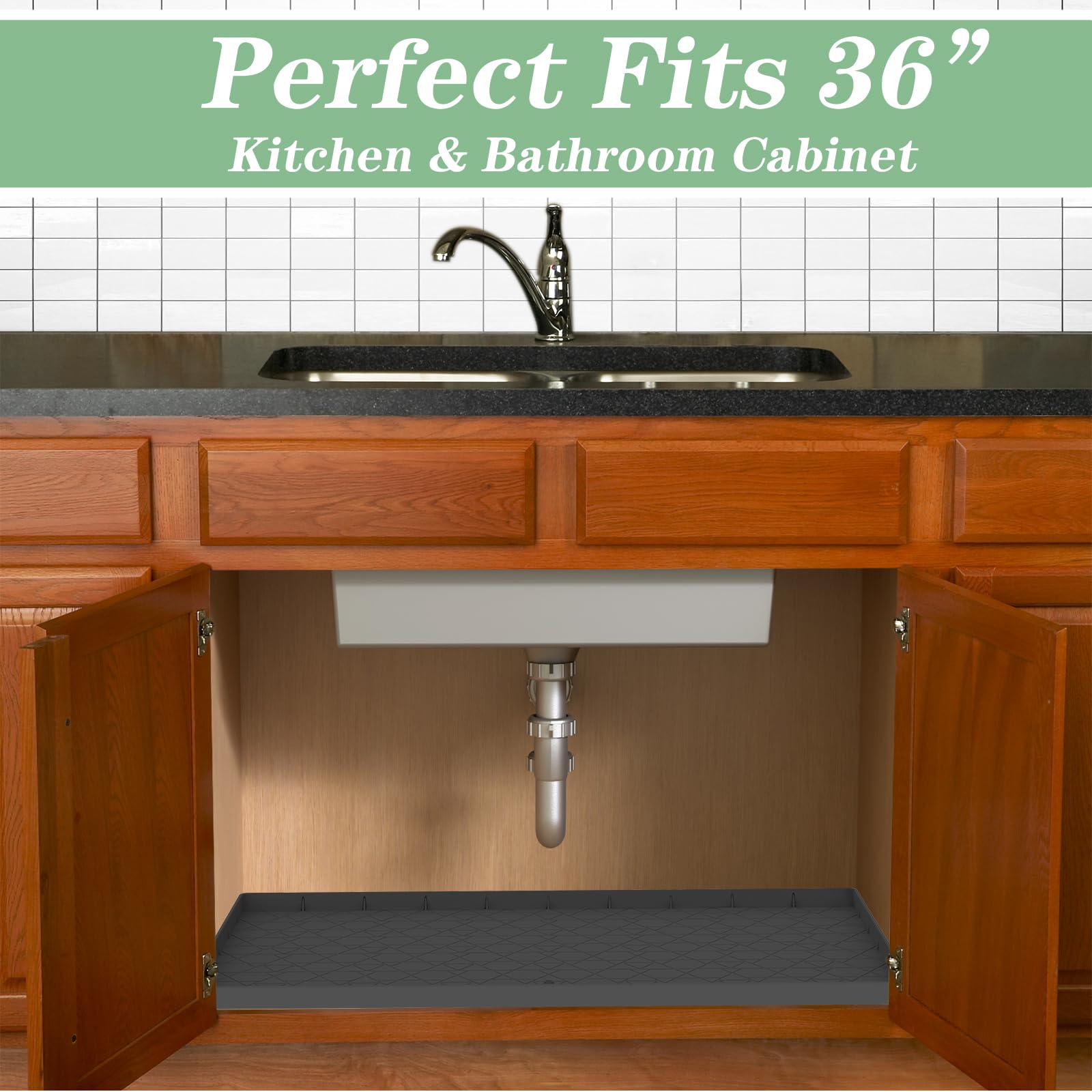 ULTSOFE Kitchen Mat Waterproof, 34"x22" Silicone Under Sink Shelf Liner with Drain Hole, Under The Sink Cabinet Protection Mat for Kitchen & Bathroom, Drips Leaks Spills Tray, Black