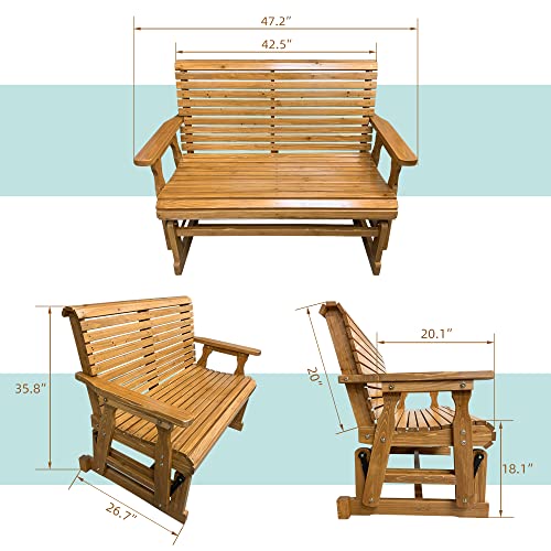 Wooden Patio Glider with High Roll Back and Deep Contoured Seat, Solid Fir Wood, 2-Seater, Heavy Duty 800 LBS, 4 Feet