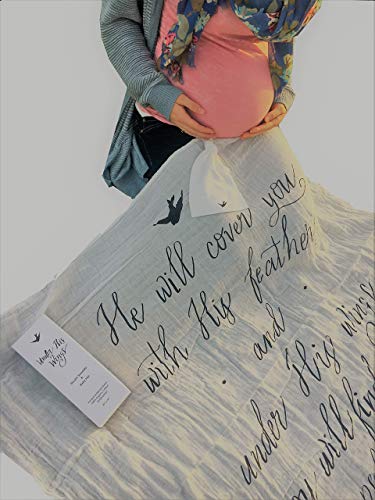 Under His Wings Muslin Swaddle & Bonus Baby Hat with Scripture Quote (Psalm 91) - 100% Organic Unbleached Cotton - Swaddle/Blanket is a Unique Shower & Baptism Gift -