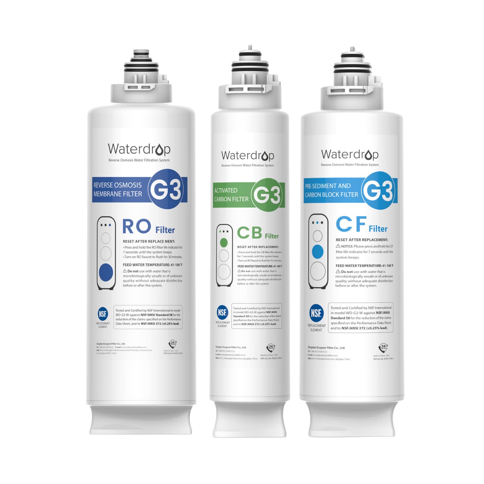Waterdrop WD-G3-W Replacement Filter, Replacement for WD-G3-W Reverse Osmosis System, CF Filter + CB Filter + RO Filter, New Logo Design