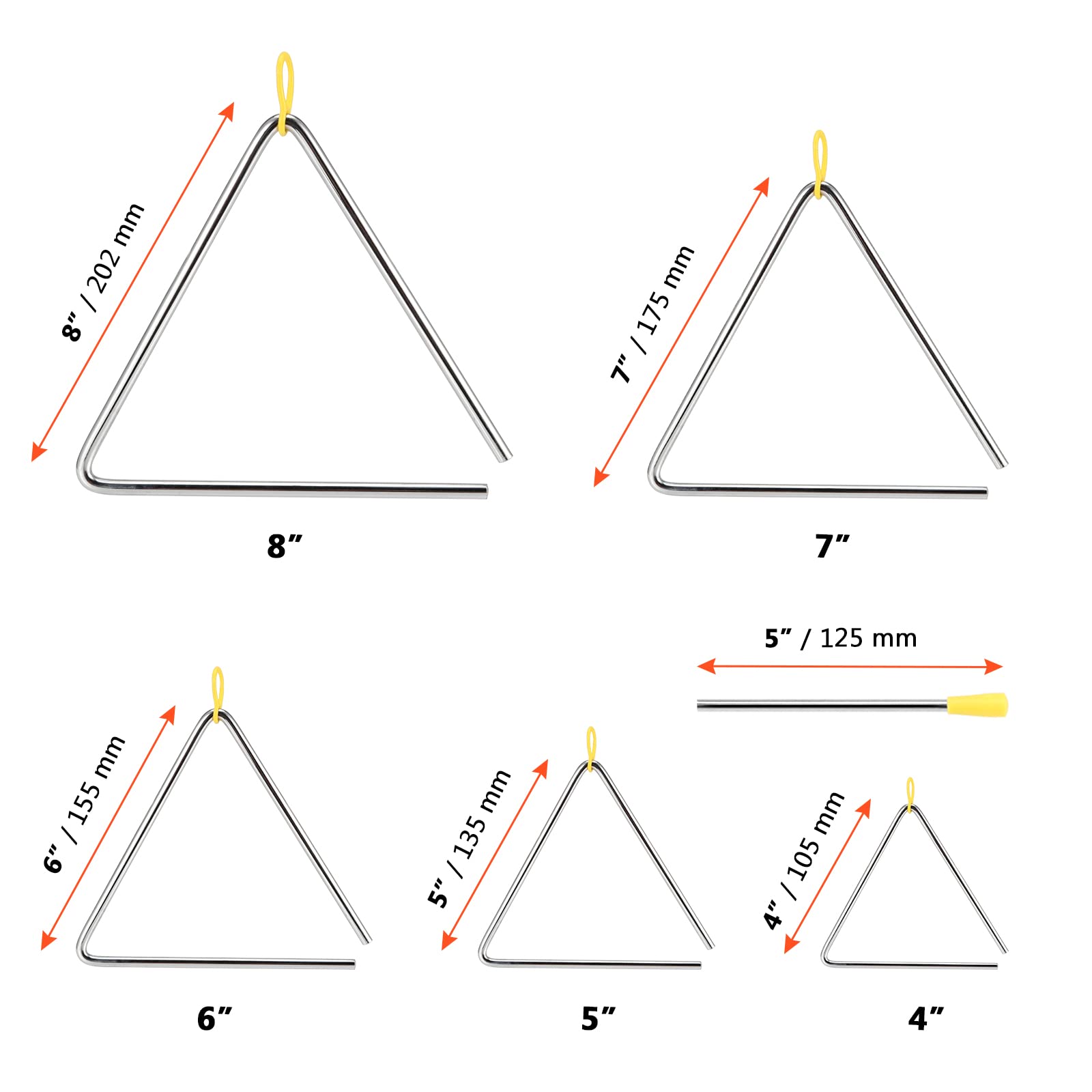 SINJEUN 10 Pack Musical Steel Triangle, 4, 5, 6, 7, 8 Inches Triangle Musical Instrument with Striker and Finger Holder, Triangle Hand Percussion Instrument for Music Learning and Teaching