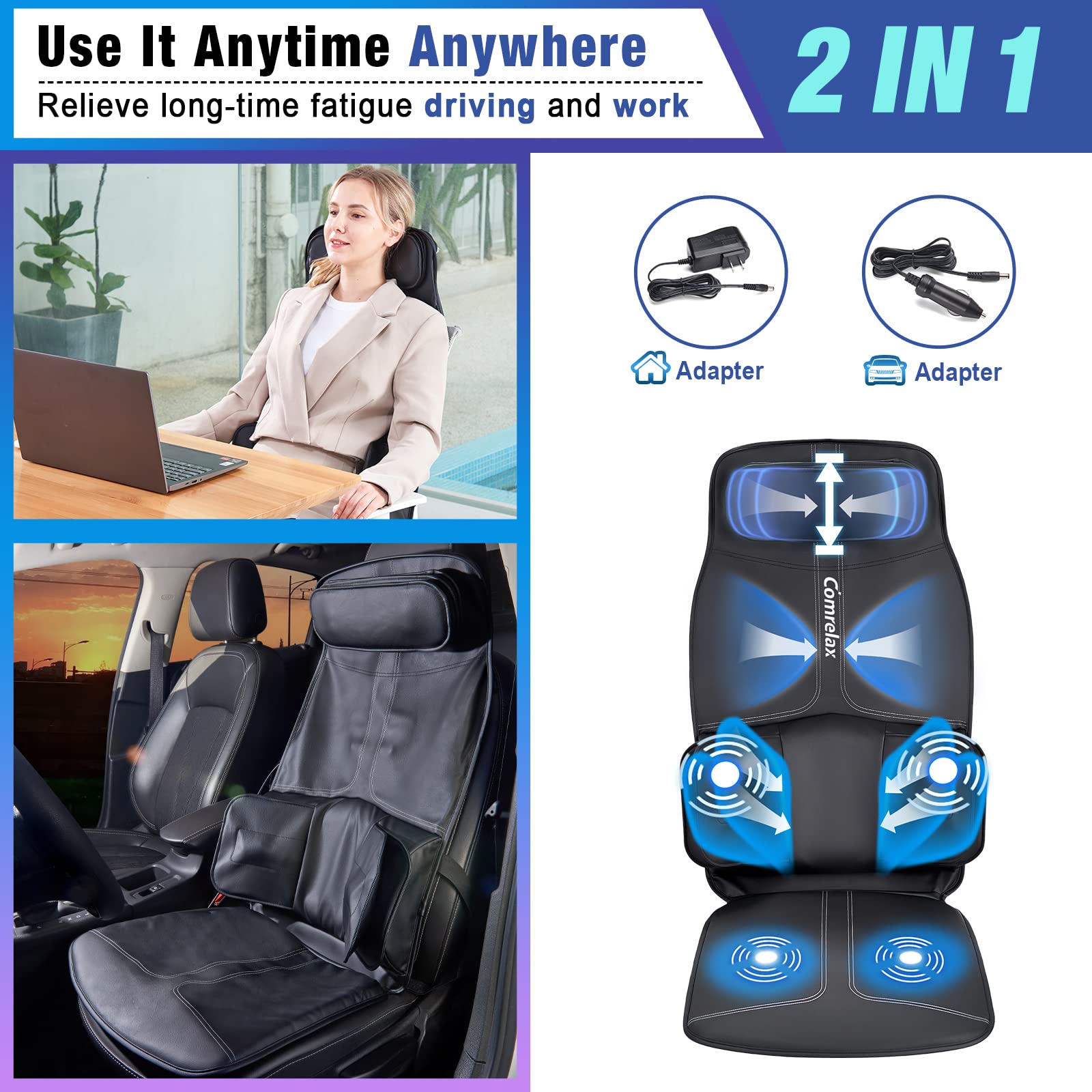 SLOTHMORE Back Massager Pad Vibrating Back Massager, Height-Adjustable Massage Chair Pad for Home Office Use, 3 Modes & 3 Intensities to Compress and Relieve Massagers for Neck and Back, Soft Leather