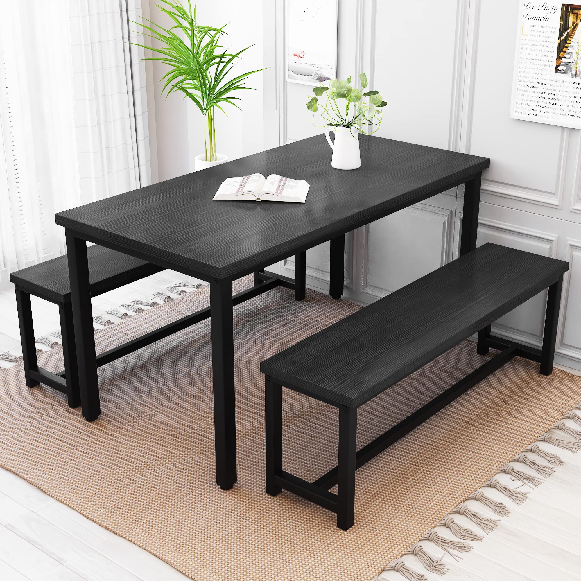 Recaceik Dining Room Table Set for 6, 55'' Kitchen Table Set with 2 Dining Benches, 3 Piece Industrial Dining Table Set for 4-6 Farmhouse Dinette Set for Home Kitchen Restaurant, Rustic Brown