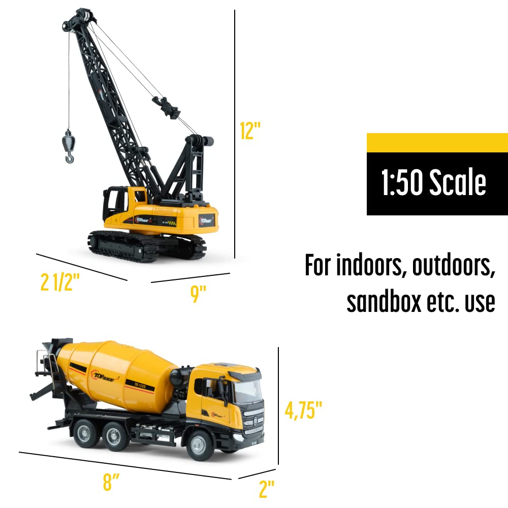 Top Race Metal Diecast Tower Crane & 2 Construction Trucks - Metal Construction Vehicles Model Toy for Kids and Adults